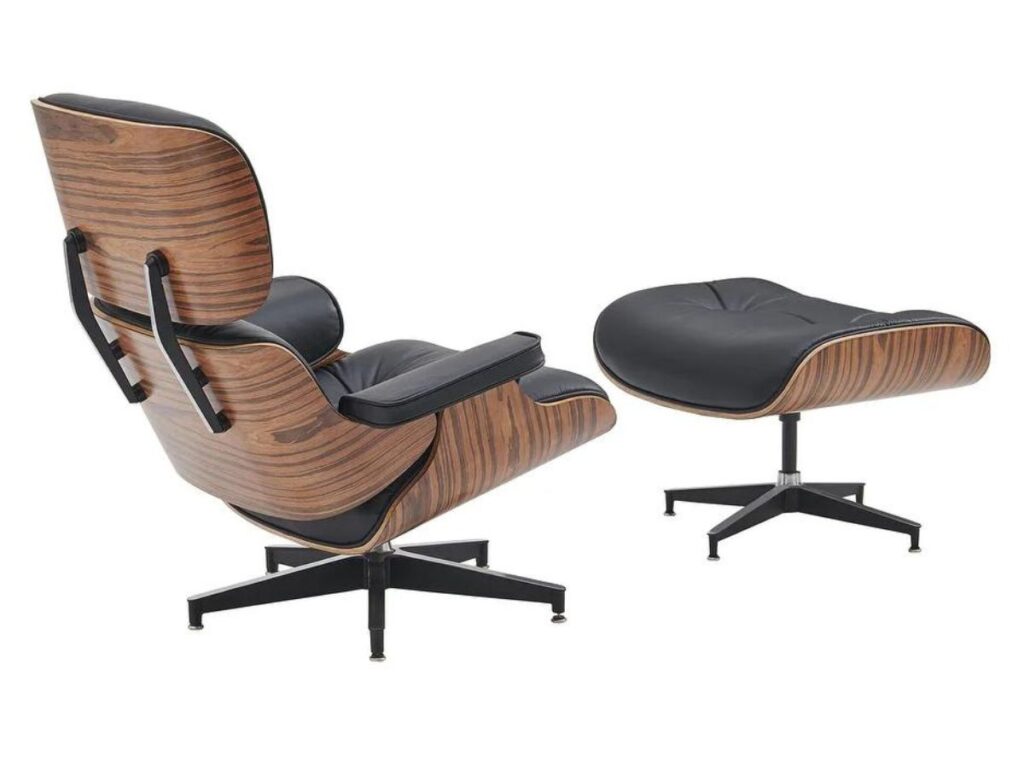 Fauteuil Relax Cuir Noir Bois avec repose pied au Design Italien
